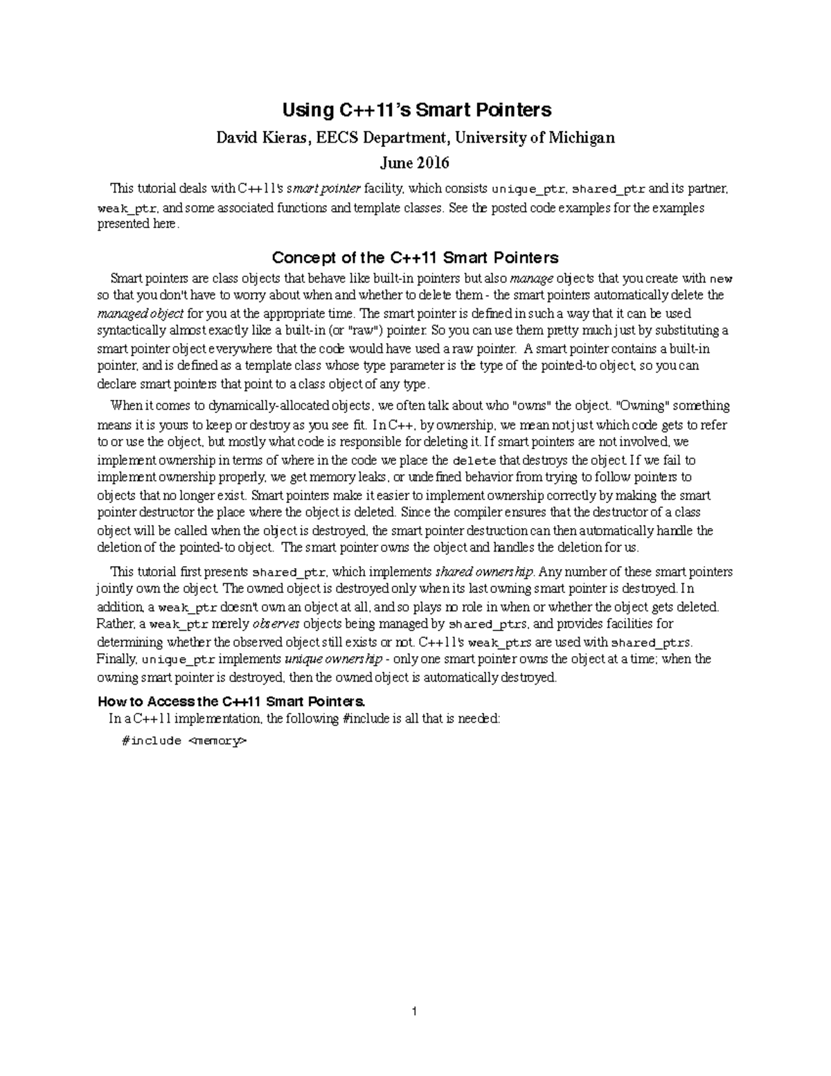 C++11 smart ptrs - Using C++11’s Smart Pointers David Kieras, EECS ...