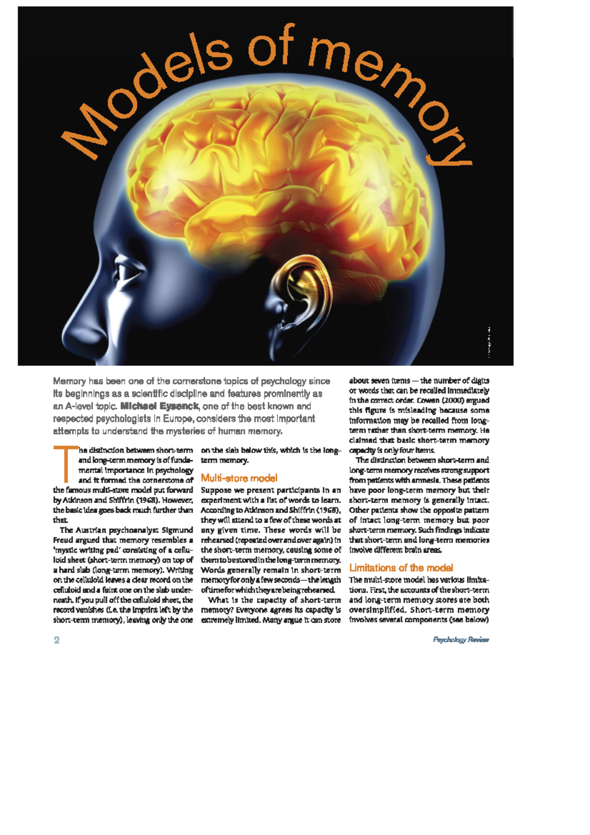 Models of Memory. MSM+WM. Psych Review 2010 - Studocu