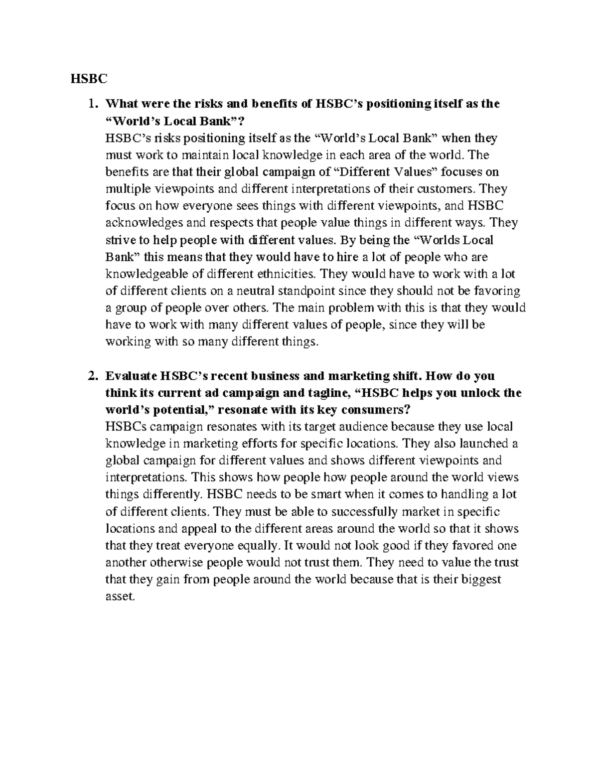 Chapter 9 HSBC case study solution - HSBC What were the risks and benefits of HSBC’s positioning ...