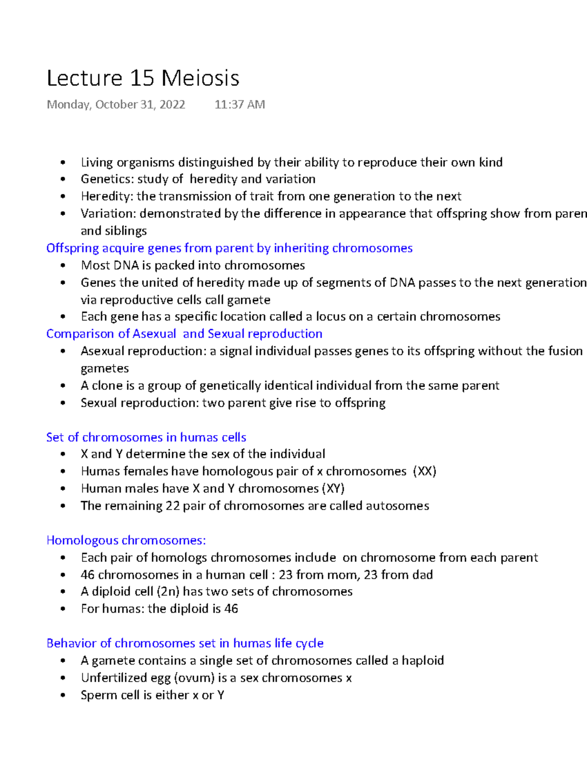 Lecture 15 Meiosis - " Living organisms distinguished by their ability ...