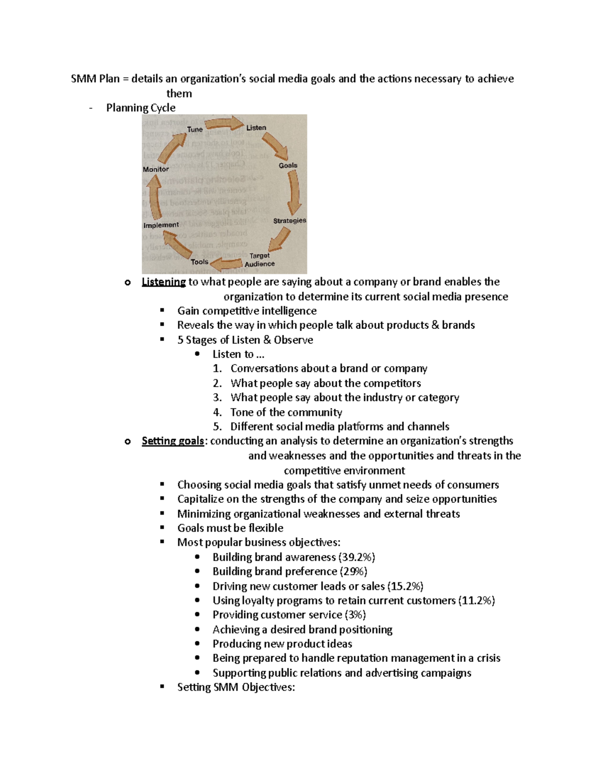 Chapter 2 - notes - SMM Plan = details an organization’s social media ...