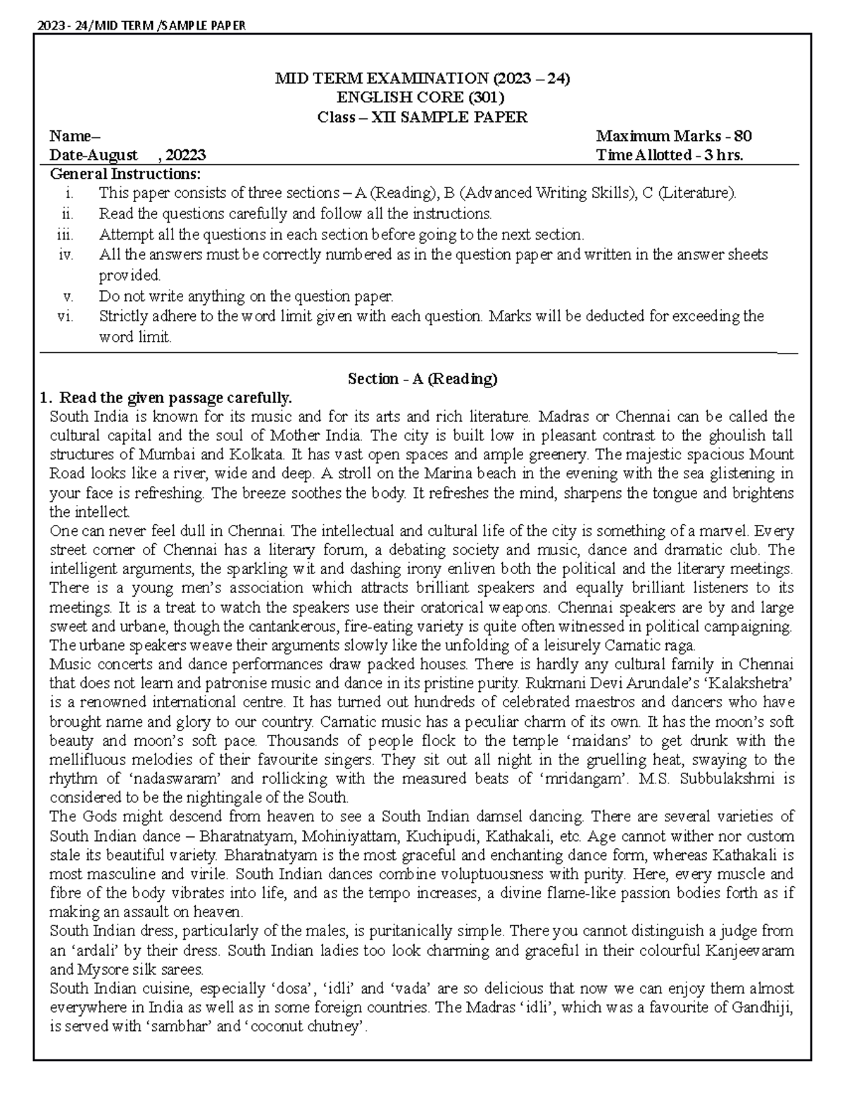 XII ENG Half yearly Paper - Sept Exam 2023-24 - MID TERM EXAMINATION ...
