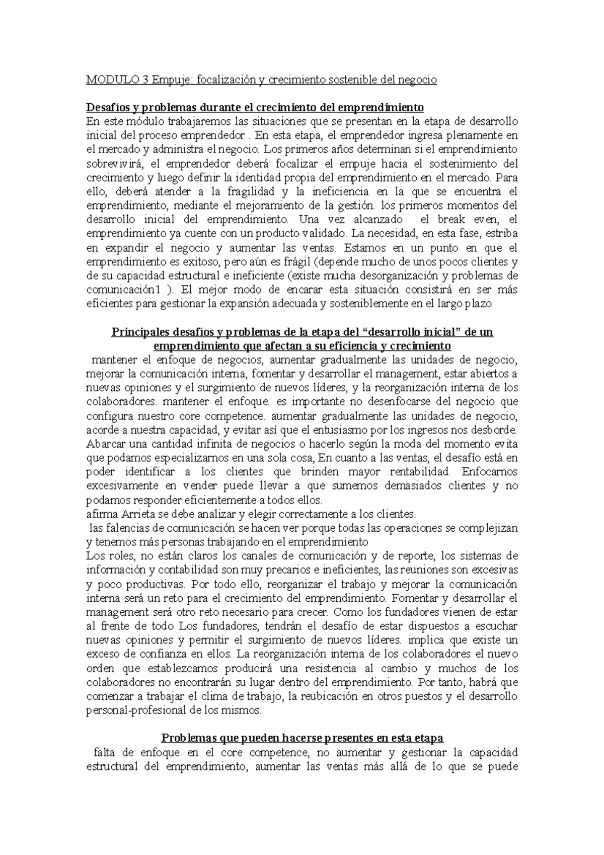 Desarrollo emprendedor modulo 3 resumen - MODULO 3 Empuje: focalización y crecimiento sostenible ...