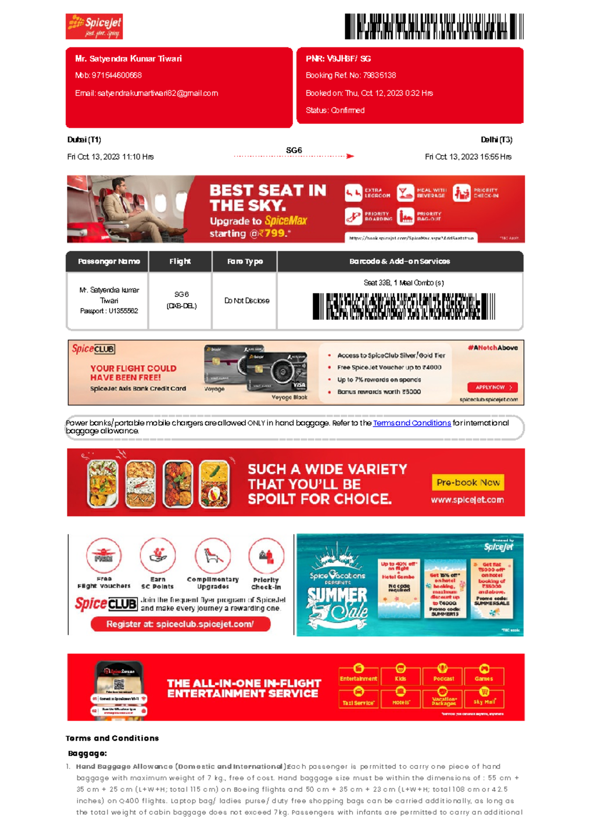 Spice Jet E-Ticket PNR V9JH8F 13 Oct 2023 Dubai-Delhi for MR. MMT - Mr ...