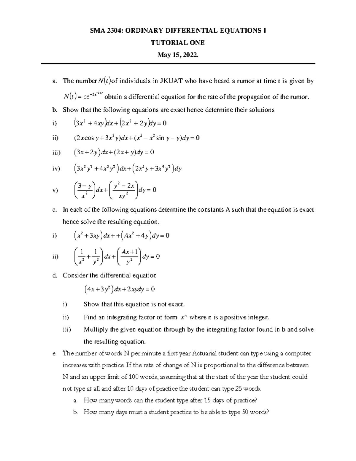 SMA 2304 ODE Tutorial 1 - notes - SMA 2304: ORDINARY DIFFERENTIAL ...