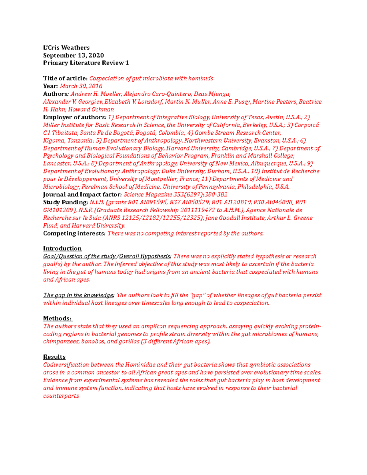 Primary Lit Review 1 Lcris - L’Cris Weathers September 13, 2020 Primary ...