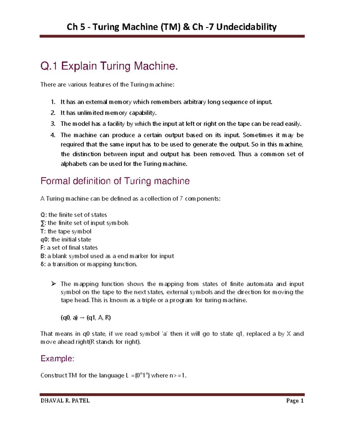 TOC CH5 7 - Q Explain Turing Machine. There are various features of the ...