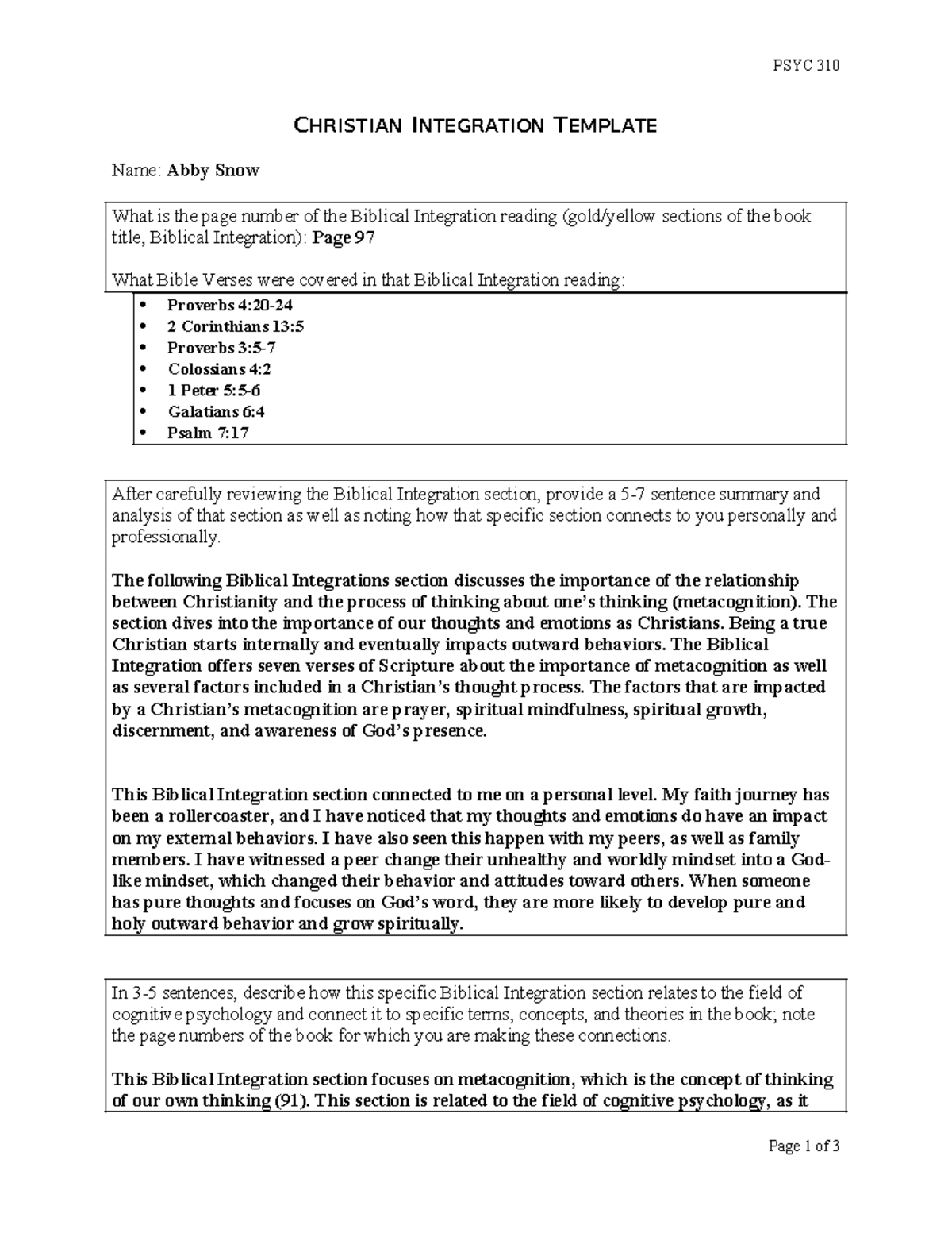 PSYC310- Christian Integration - PSYC 310 CHRISTIAN INTEGRATION ...