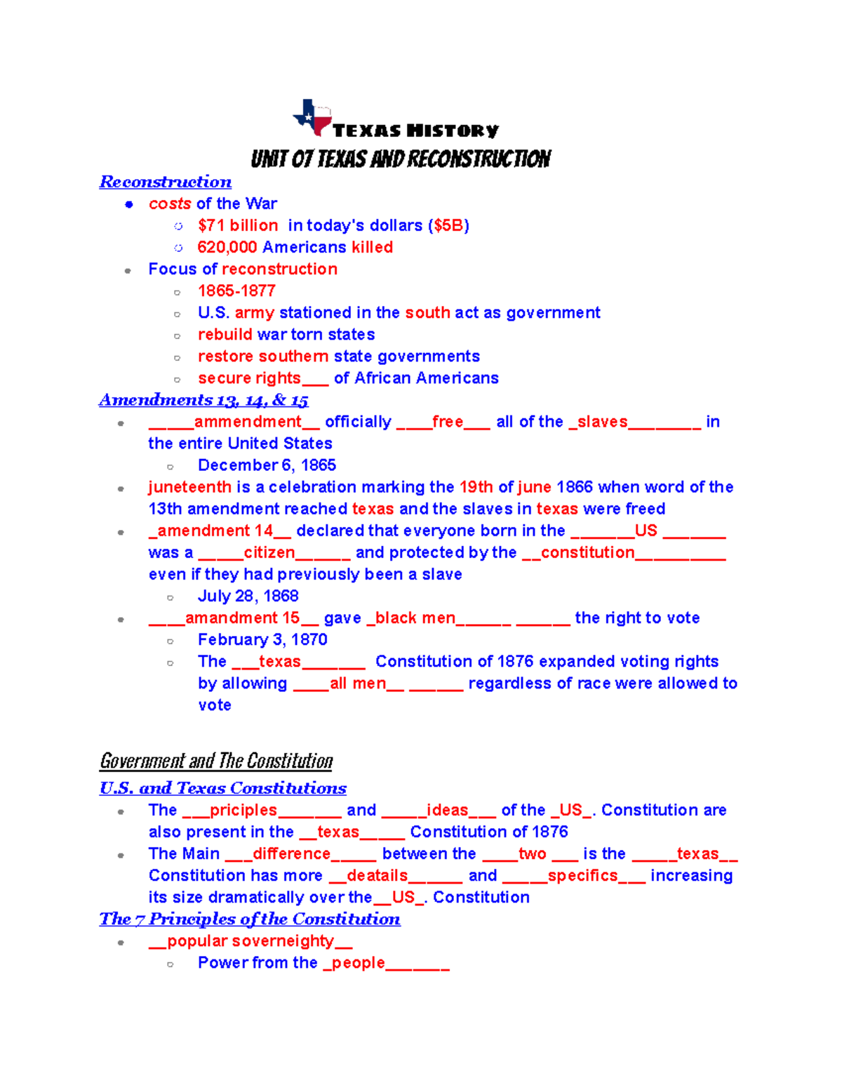 Reconstruction Notes - Texas History Unit 07 Texas and Reconstruction ...