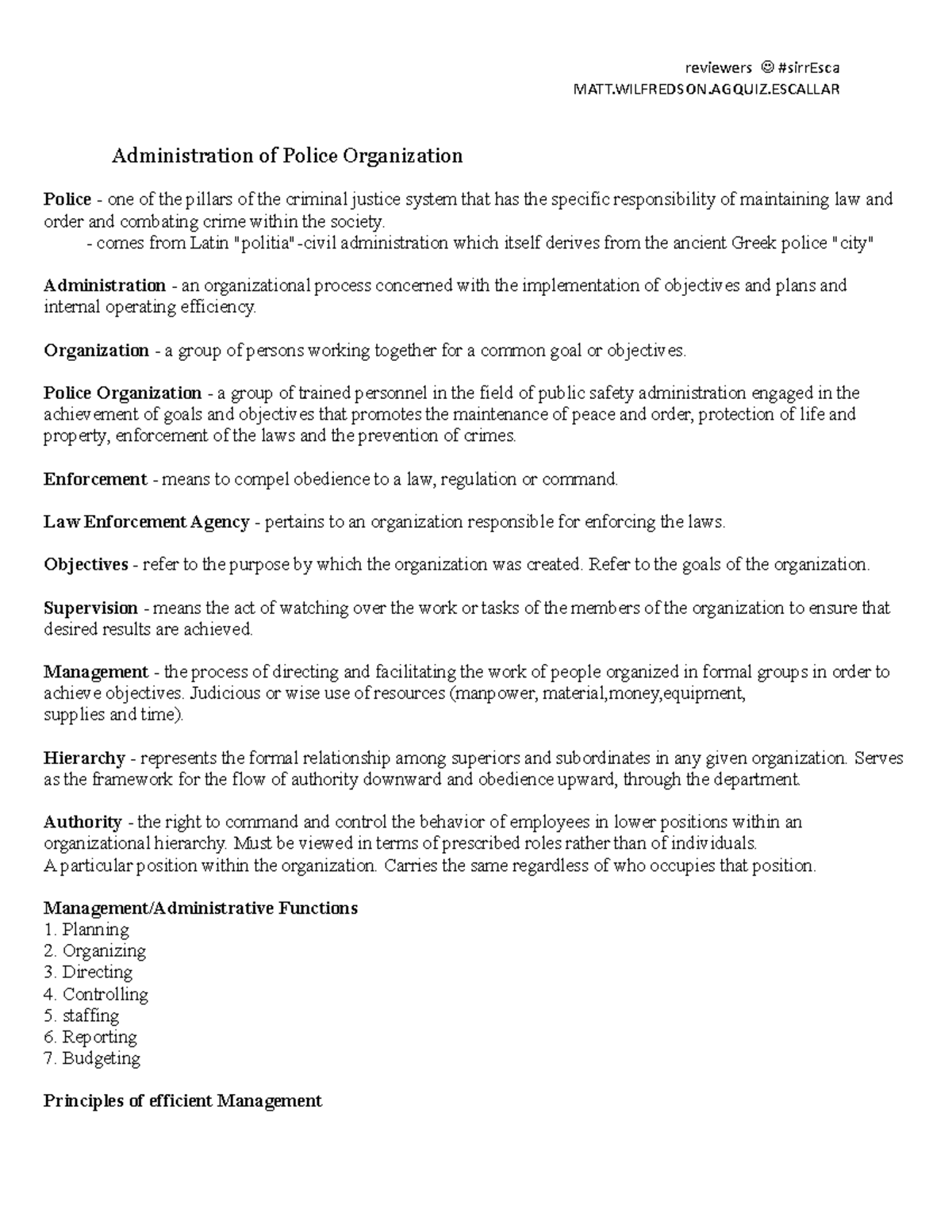 Administration of Police Organization - MATT.WILFREDSON.AGQUIZ ...