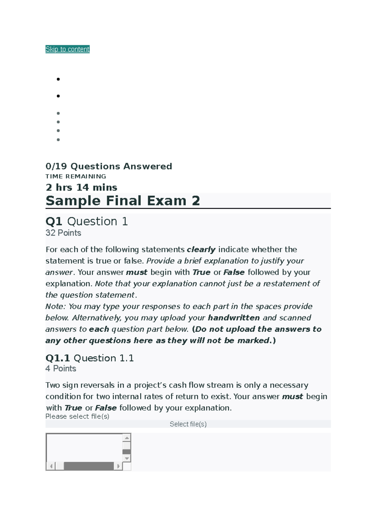 Finance sample exam 2 - Skip to content 0/19 Questions Answered TIME ...