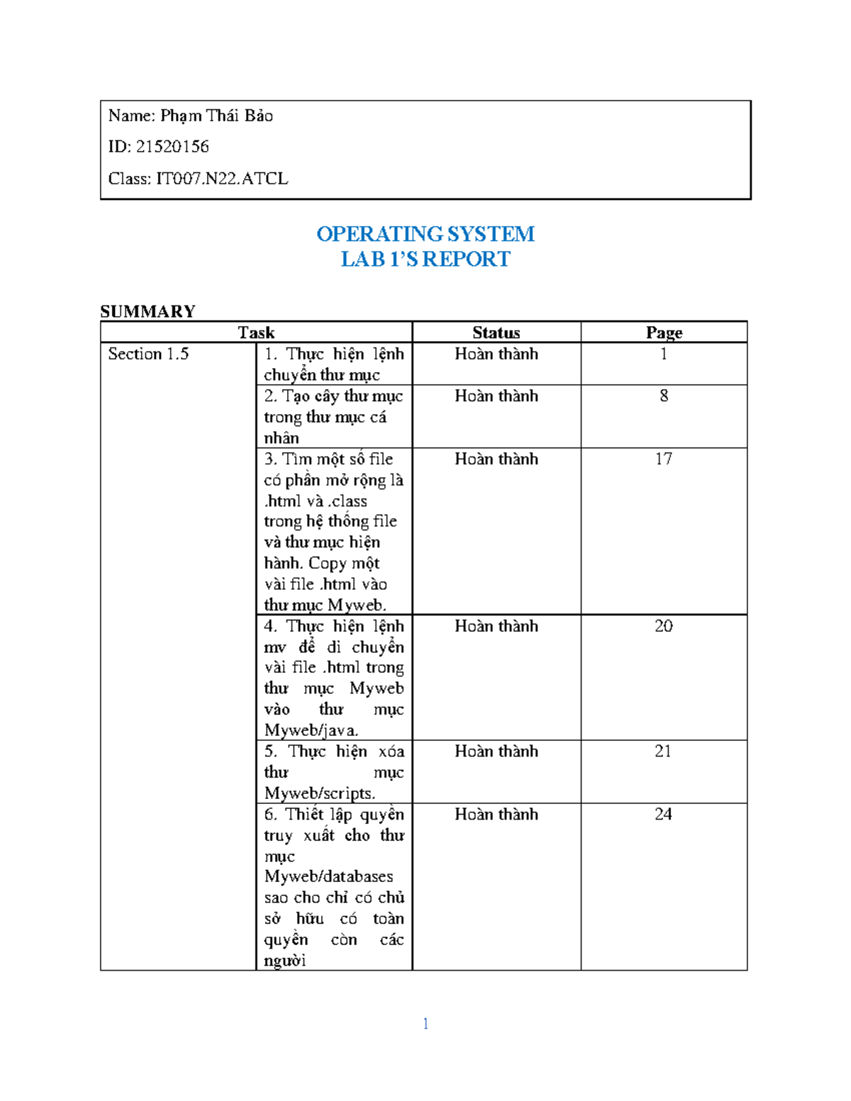 2152015 6 LAB1 - aâfsfsa - Name: Phạm Thái Bảo ID: 21520156 Class: IT007.N22 OPERATING SYSTEM ...