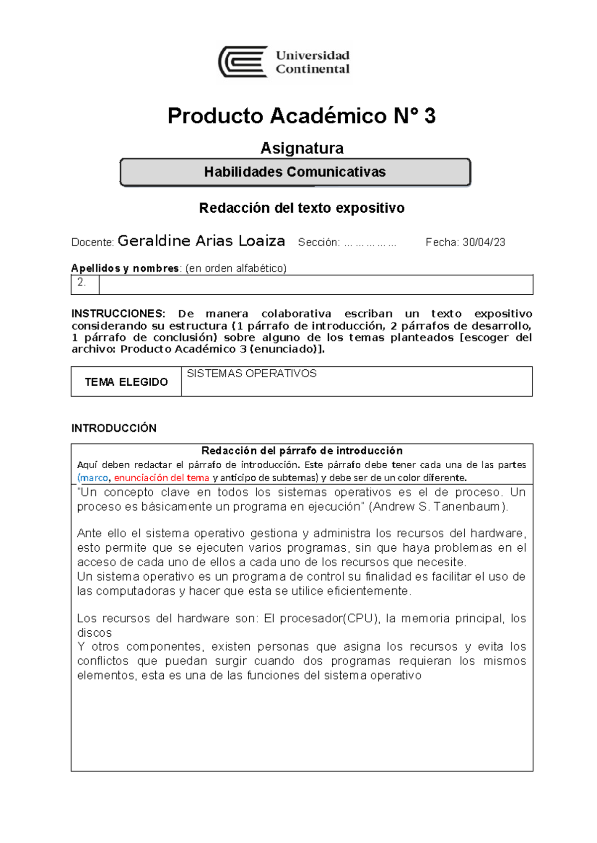 2 - PA3 - Producto Académico N° 3 Asignatura Redacción del texto expositivo Docente: Geraldine ...