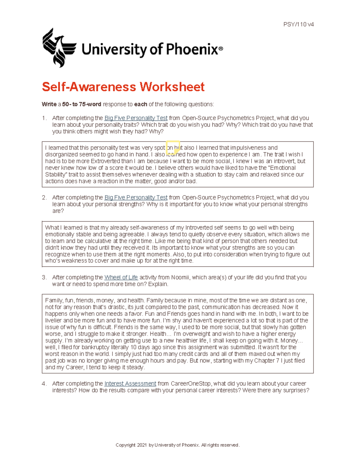 Eric+Purnell+-+psy110 v4 wk1 self awareness worksheet - PSY/110 v Self ...