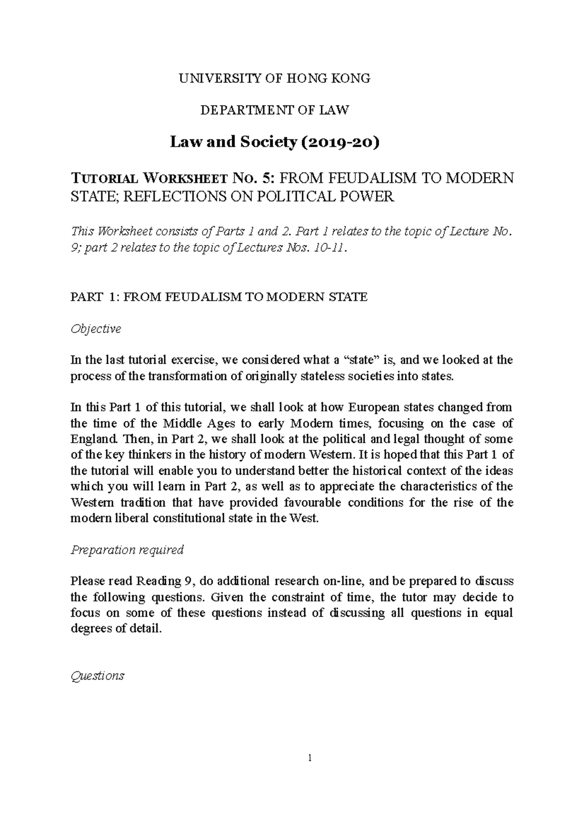 Tutorial 5 - UNIVERSITY OF HONG KONG DEPARTMENT OF LAW Law and Society ...