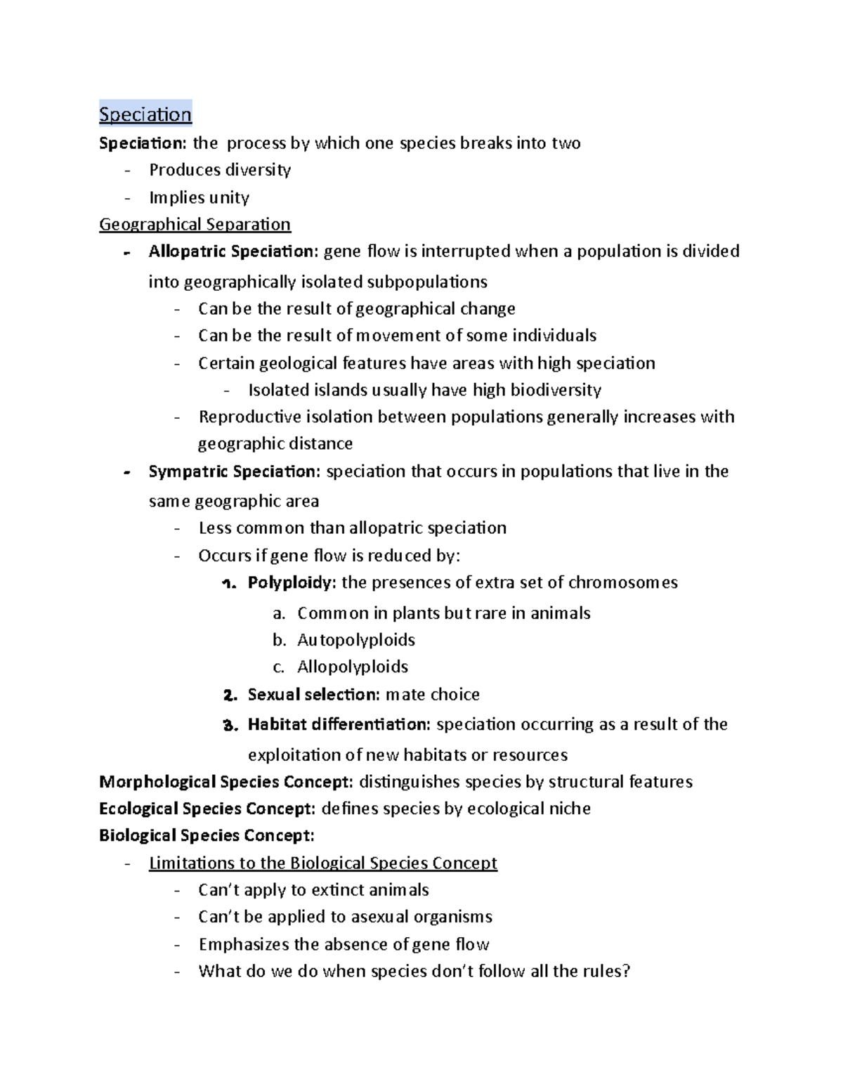 BIOL 141 Lecture Notes Exam 1 - Part 3 - Speciation Speciation: the ...