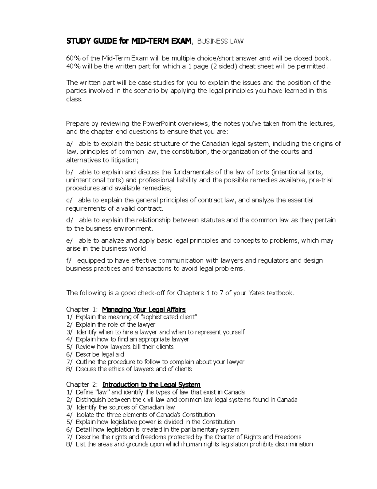 Study Guide. for Mid Term. Business Law - STUDY GUIDE for MID-TERM EXAM ...