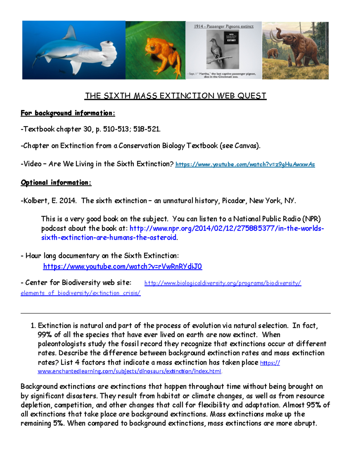 Assignment For Week 9 - The Sixth Extinction Web Quest-1 - THE SIXTH ...