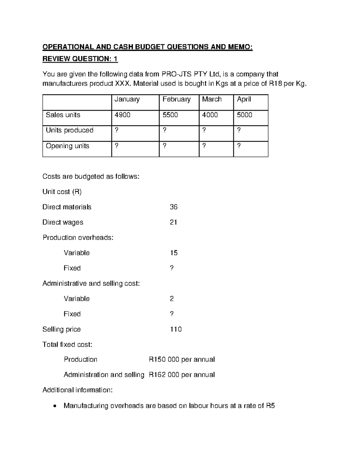 Operational AND CASH Budget Questions AND MEMO - OPERATIONAL AND CASH ...