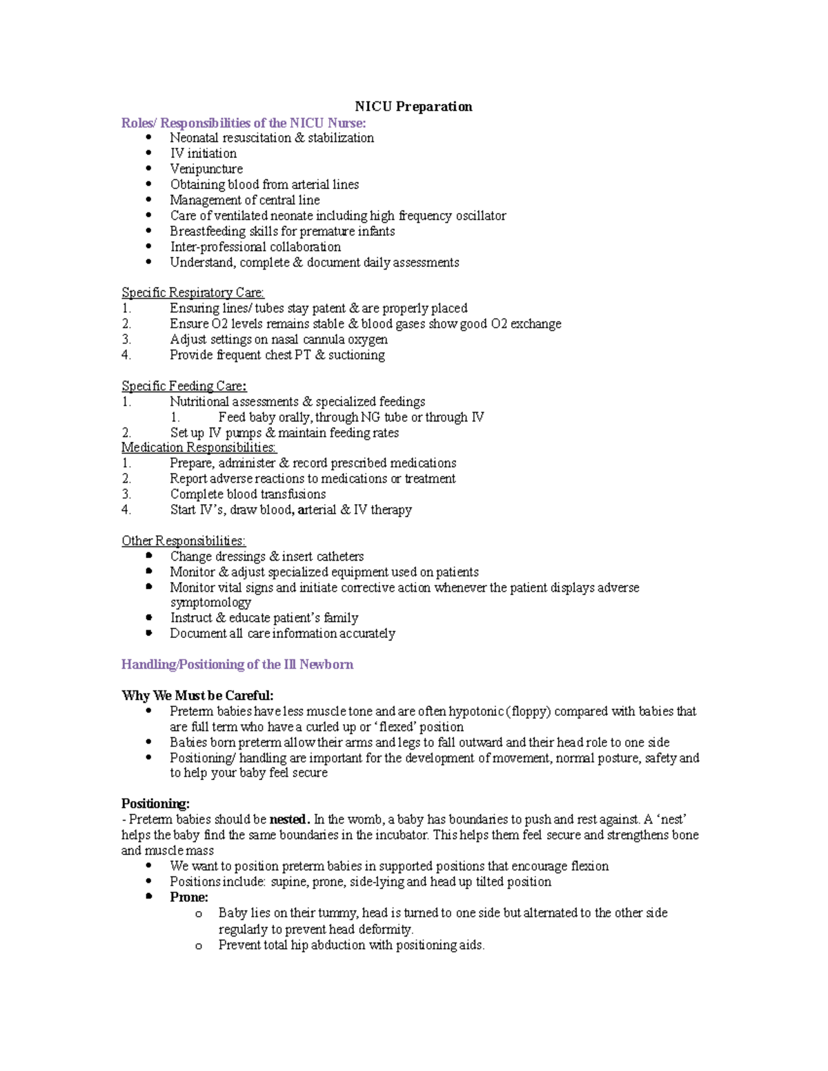 Summary - Final Exam Notes - NICU Preparation Roles/ Responsibilities ...