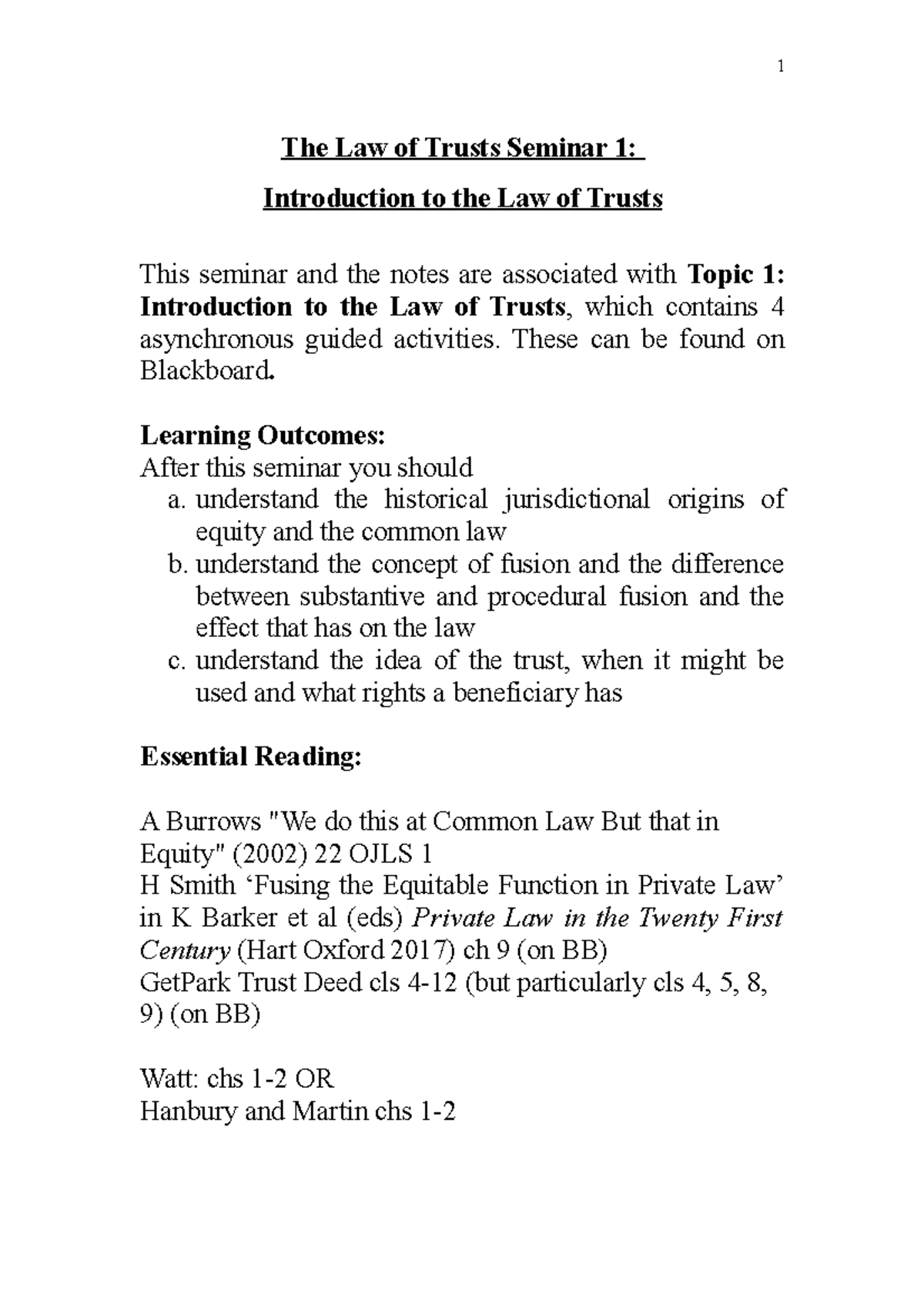 Trusts Seminar 1 2023-4 - The Law of Trusts Seminar 1: Introduction to ...