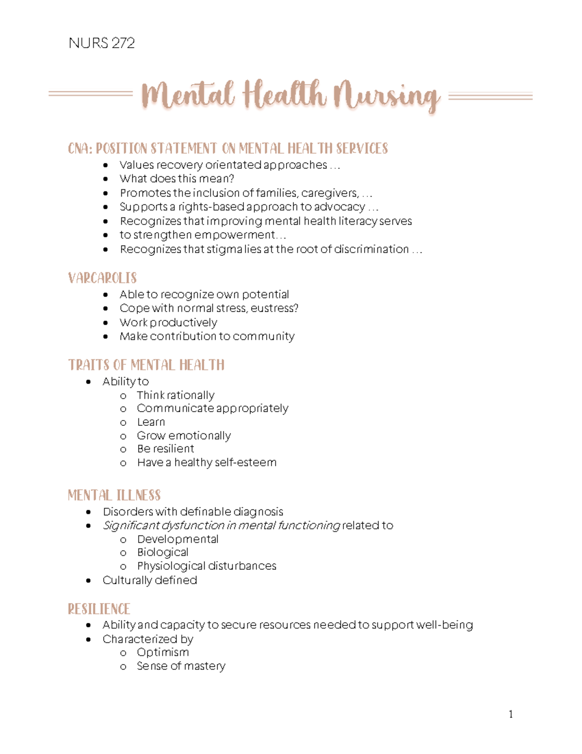NURS 272 Notes - Full Term-1 - Mental Health Nursing CNA: Position ...