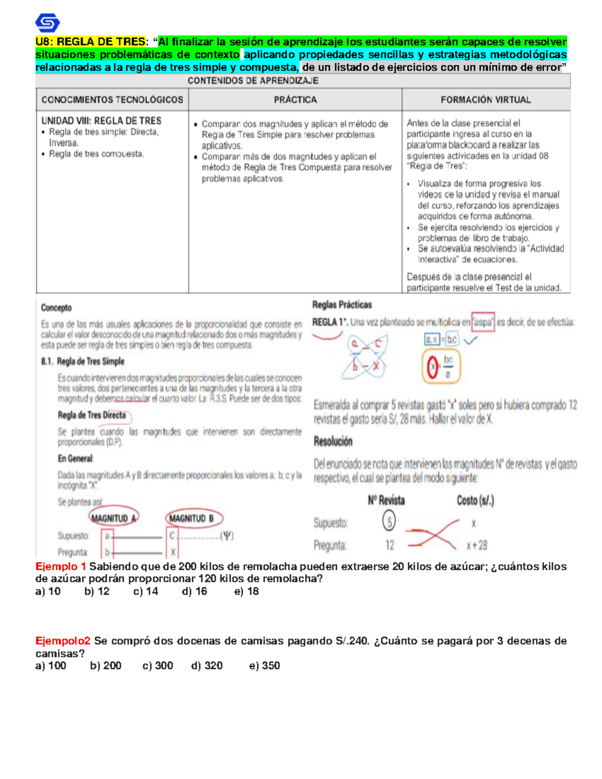 U8regla de3 - Ya oakksss - U8: REGLA DE TRES: “Al finalizar la sesión de aprendizaje los ...