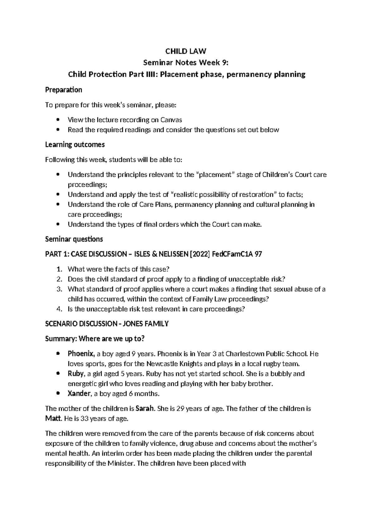 Seminar Notes Week 9-1 - CHILD LAW Seminar Notes Week 9: Child ...