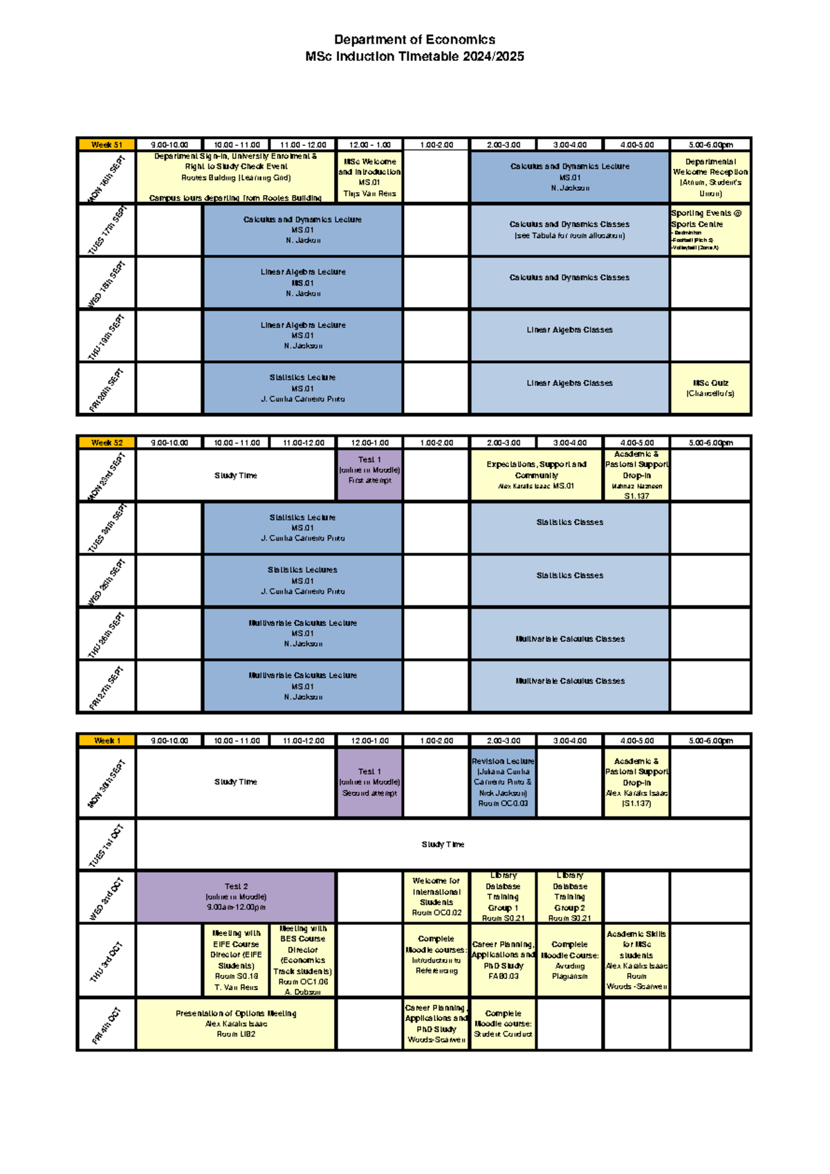 Msc induction timetable 2024-2025 - Department of Economics MSc ...