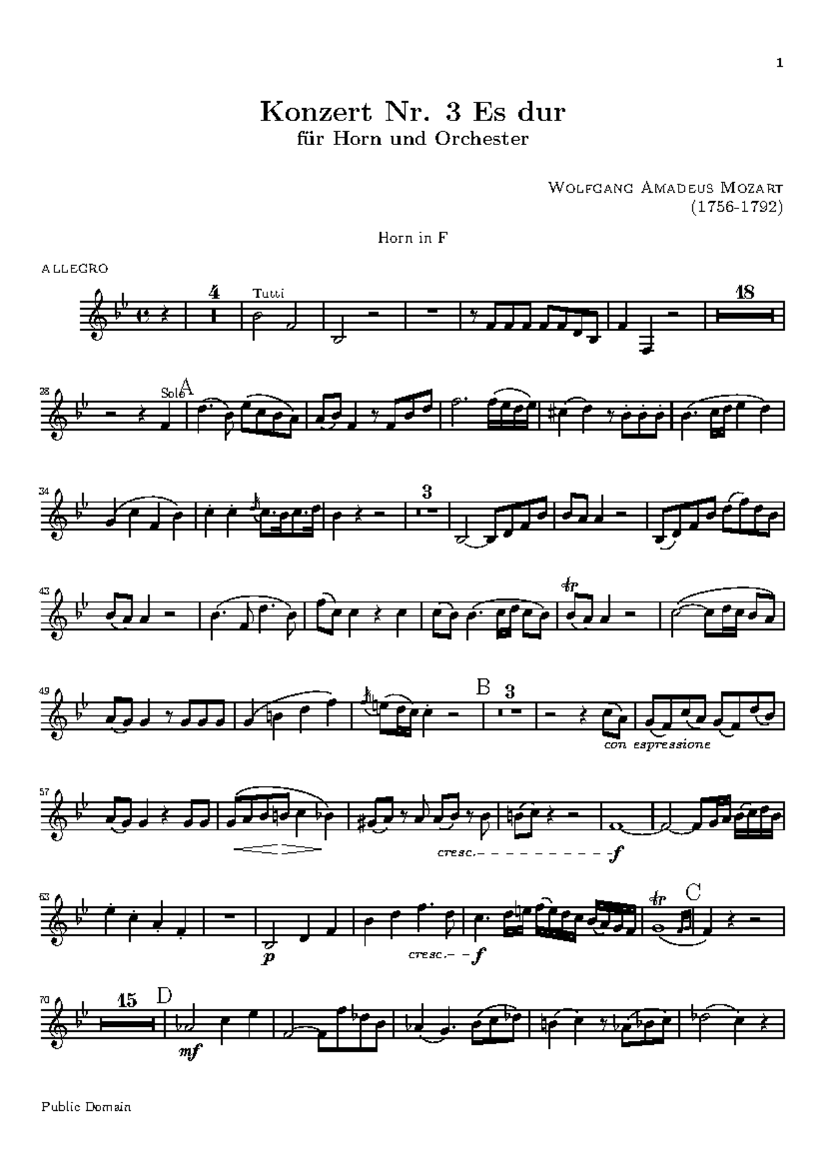 Mozart partitura - partirua per trompa - Konzert Nr. 3 Es dur f ̈ur ...