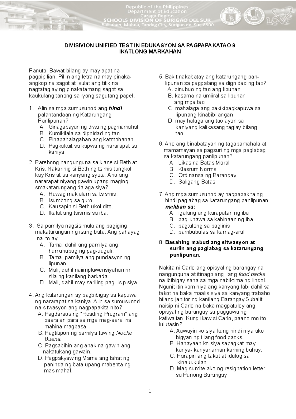 Es P 9 -Q3 TQs Final - SAMPLE EXAMINATION - DIVISIVION UNIFIED TEST IN ...