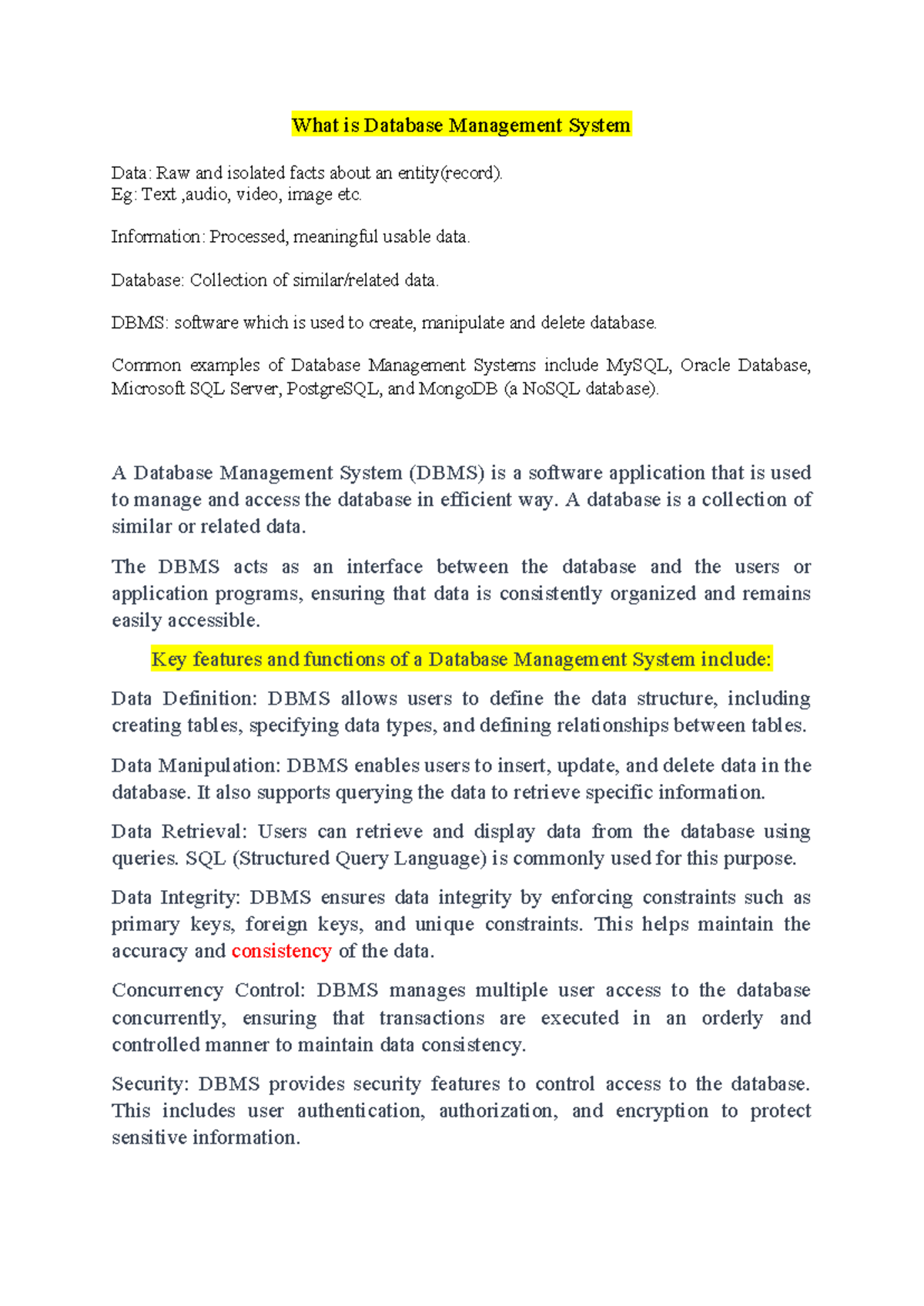 Dbms - What is Database Management System Data: Raw and isolated facts about an entity(record ...