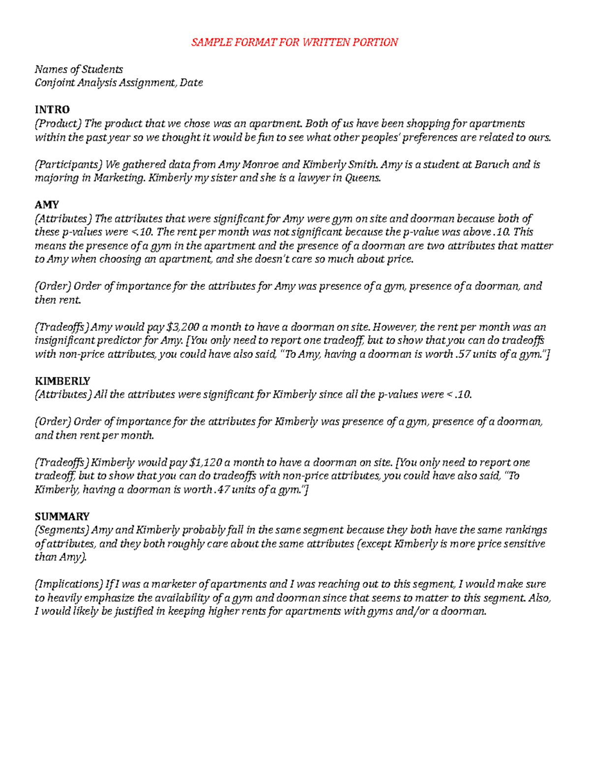 Sample Conjoint Assignment Submission - Part 1 (Written Part) - SAMPLE ...