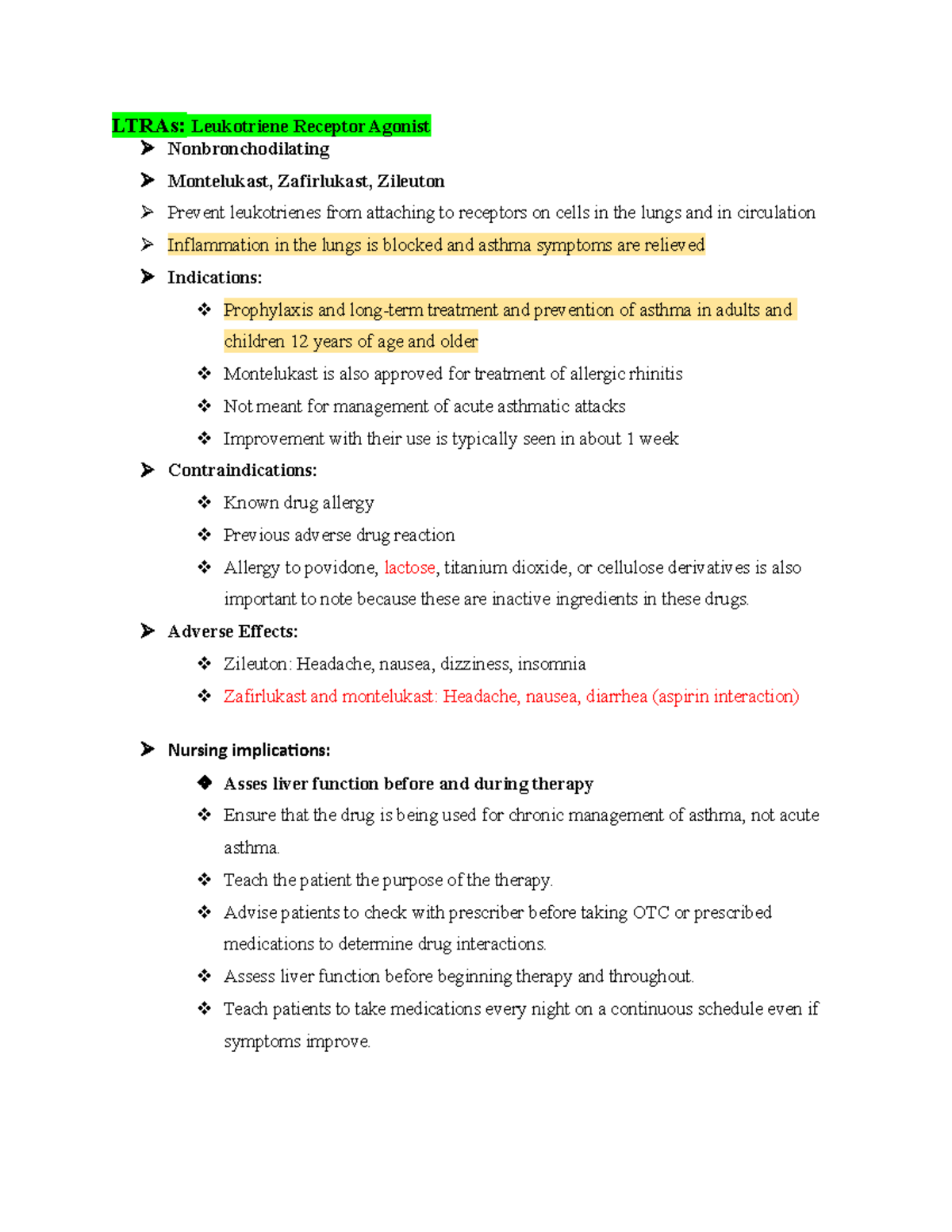 LTRAs - Tamucc Nurisng Pharmacology - LTRAs: Leukotriene Receptor ...