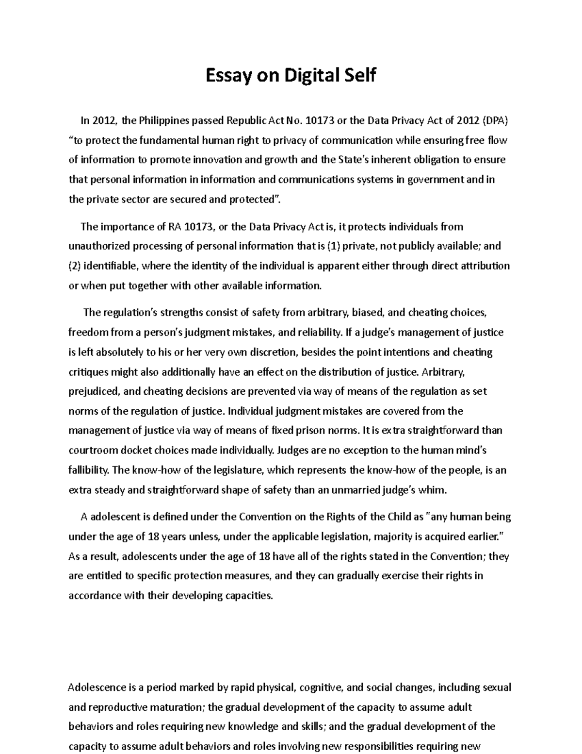 Essay on Digital Self - Lecture Notes - Essay on Digital Self In 2012 ...