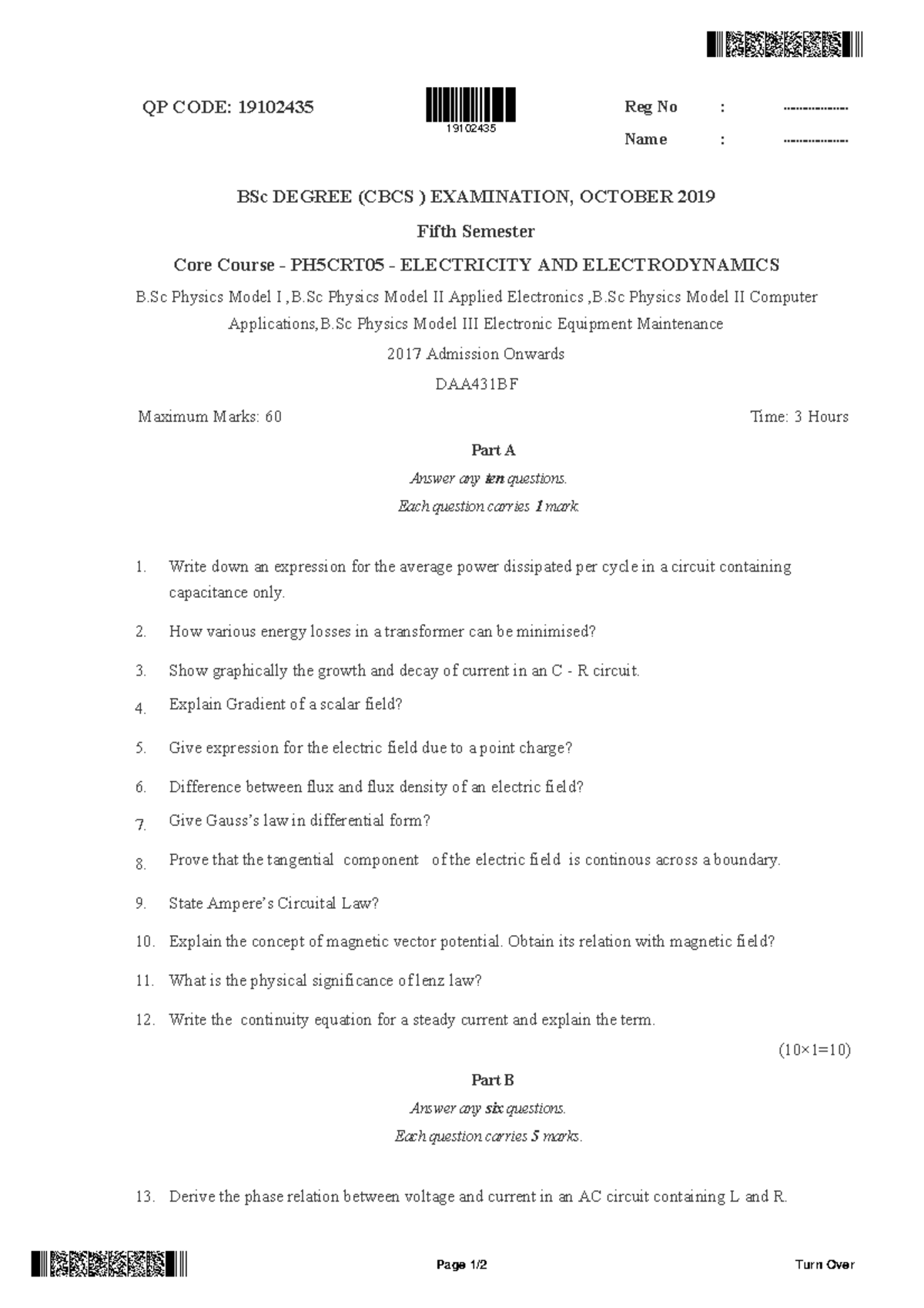 Electricity and electrodynamics Question paper - QP CODE: 19102435 Reg No ...
