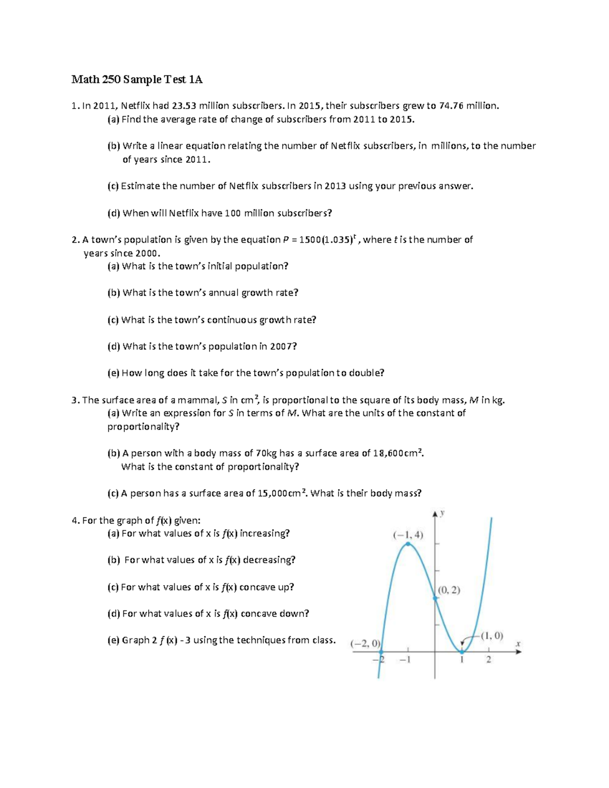 Math 250 Review test 1 - Practice test 1 - Math 250 Sample Test 1A In ...