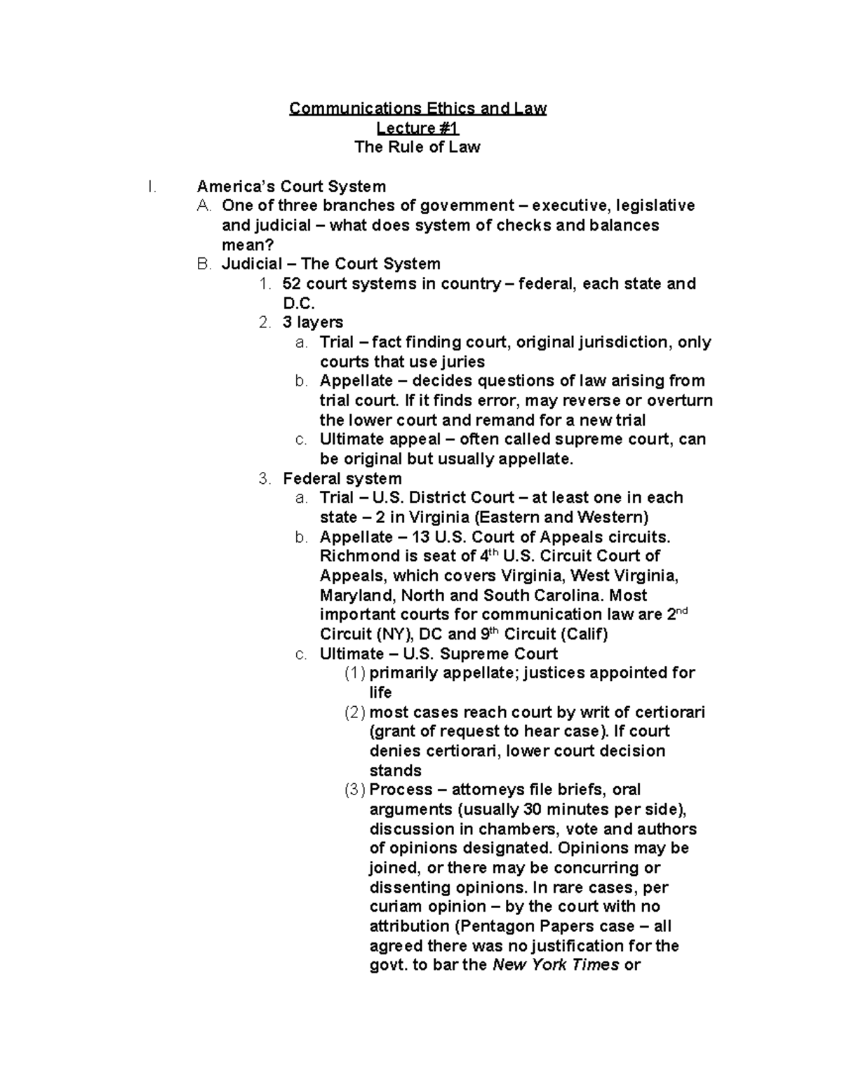 Lecture 1 - Rule of Law - Communications Ethics and Law Lecture #1 The ...