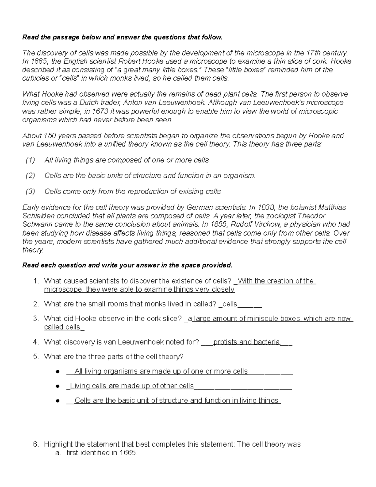 Cell Theory Reading Passage 2021 - Read the passage below and answer ...