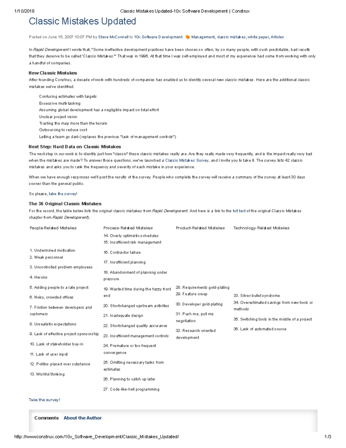 Lab0A Classic Mistakes Updated-10x Software Development Construx - 1/10/2018 Classic Mistakes ...