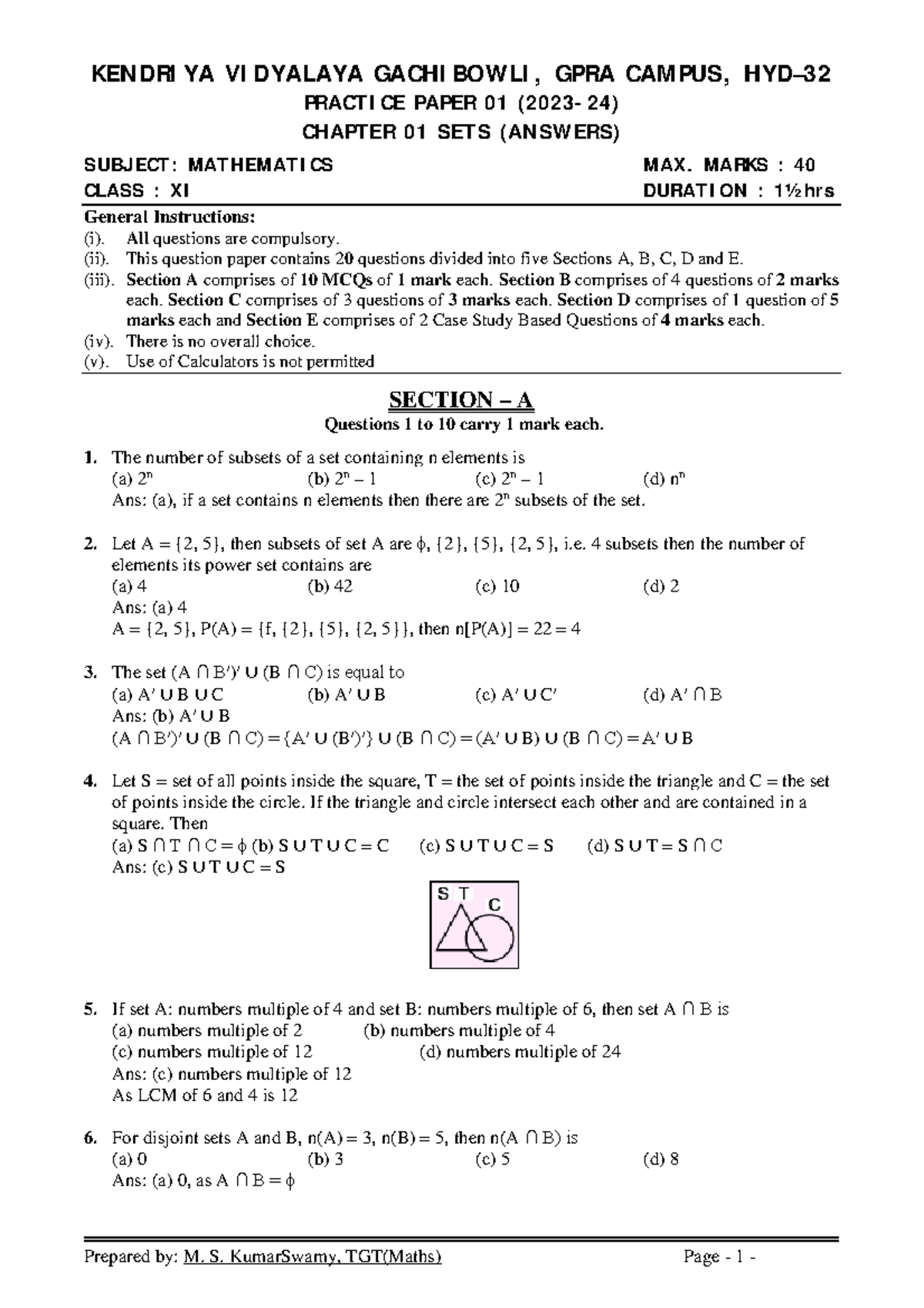 Maths class xi chapter 01 sets practice paper 01 answers - KENDRIYA ...