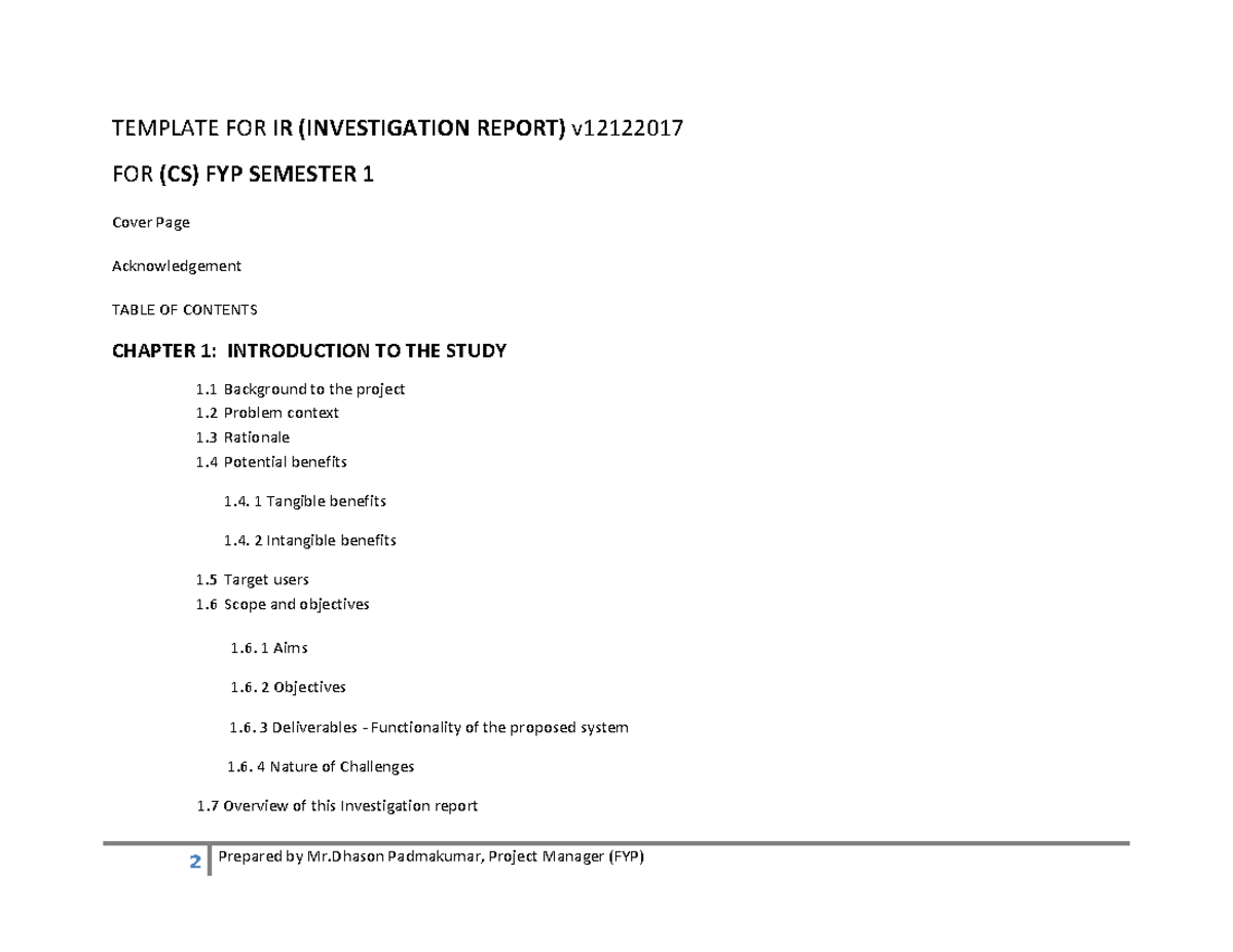 CS SEM 1 IR - TEMPLATE FOR IR (INVESTIGATION REPORT) v FOR (CS) FYP ...