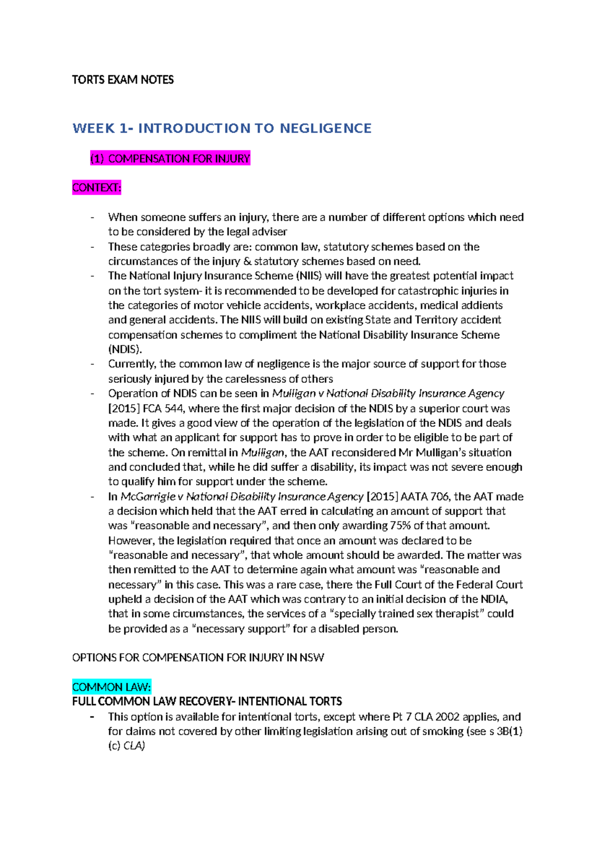 Torts WEEK 1 - TORTS EXAM NOTES WEEK 1- INTRODUCTION TO NEGLIGENCE (1 ...