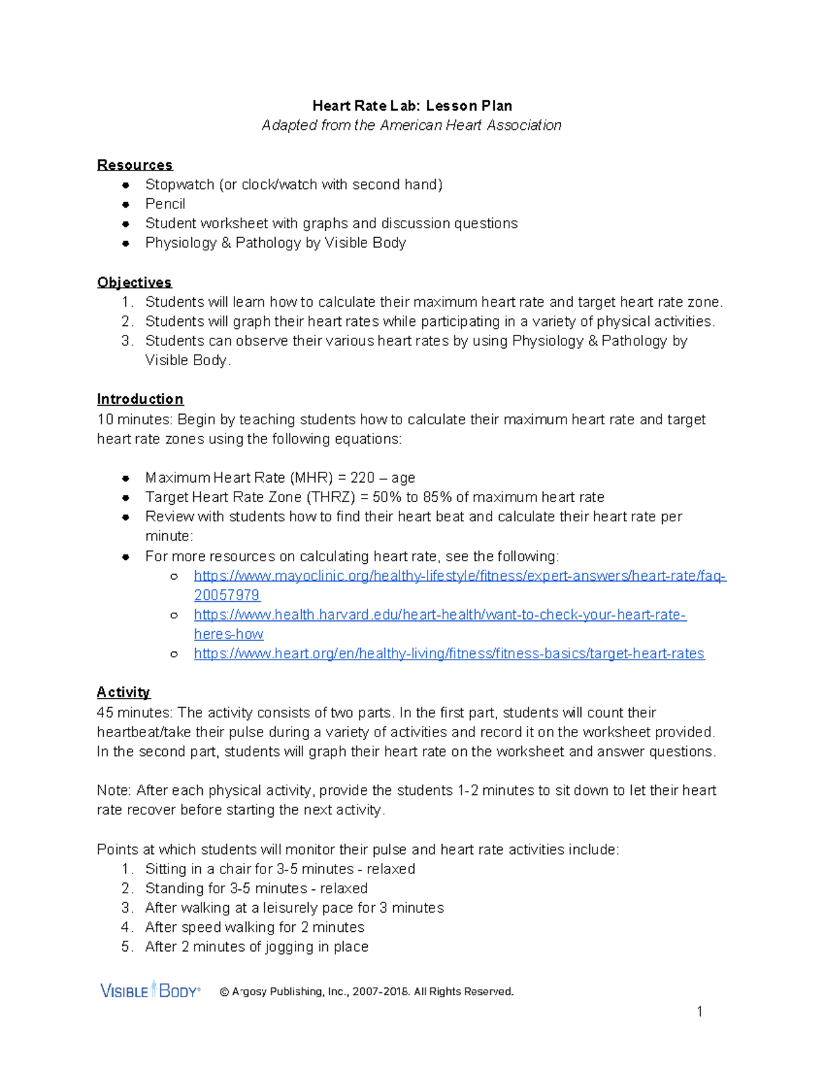 Heart rate lab lesson plan - Heart Rate Lab: Lesson Plan Adapted from ...
