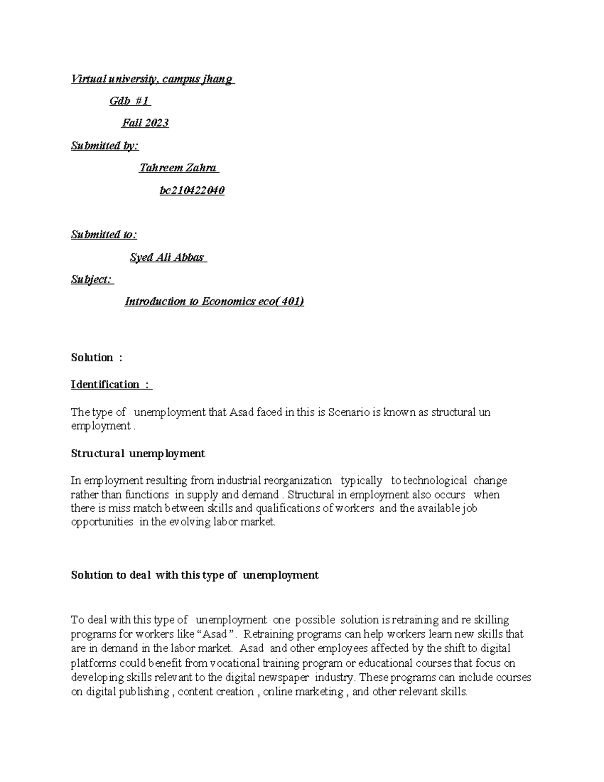 Eco401 gdb - good work - Virtual university, campus jhang Gdb # Fall ...