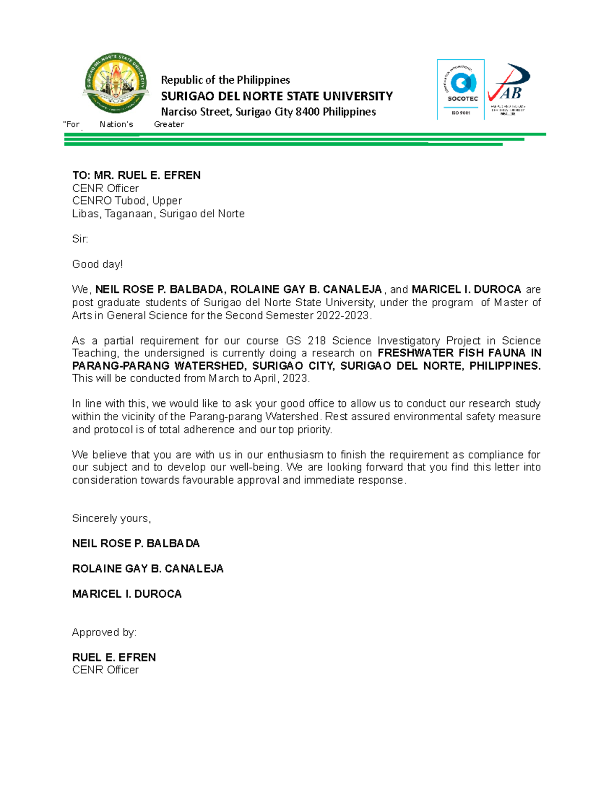 Letter permit MA - Republic of the Philippines SURIGAO DEL NORTE STATE ...