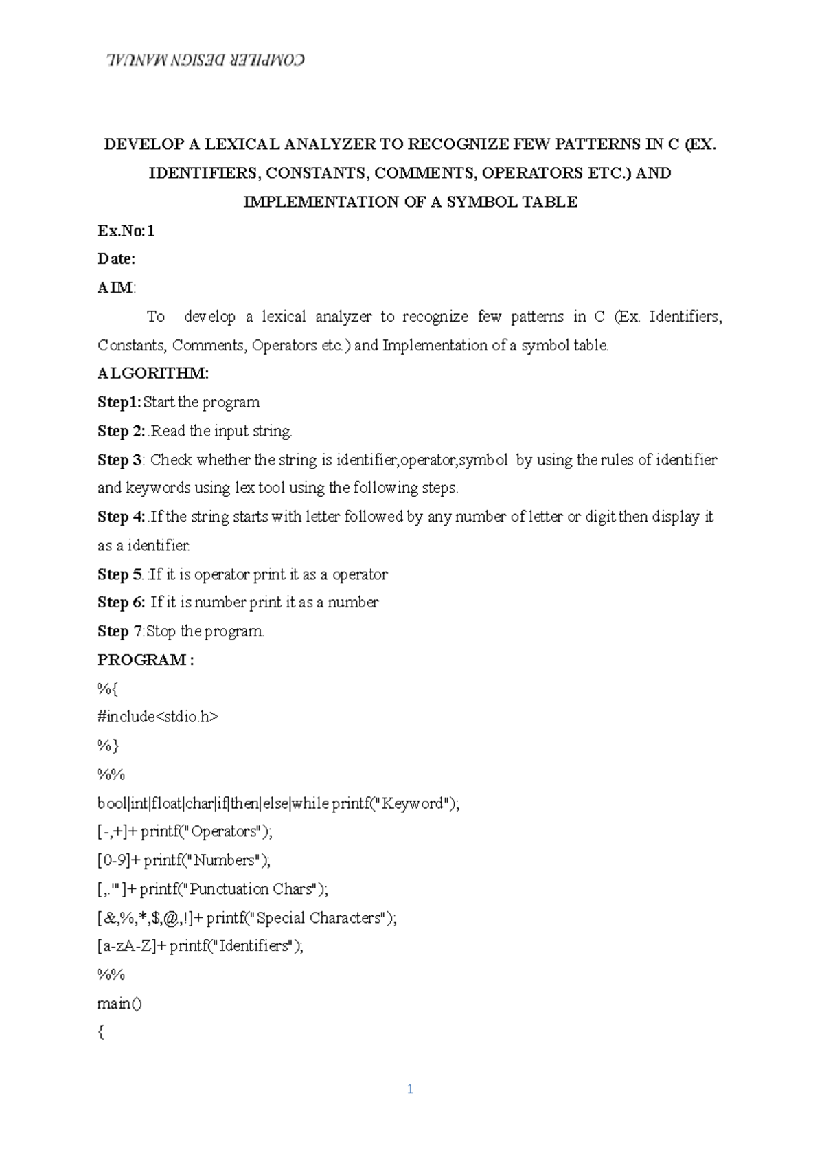 CD lab manual - manuel - DEVELOP A LEXICAL ANALYZER TO RECOGNIZE FEW PATTERNS IN C (EX ...