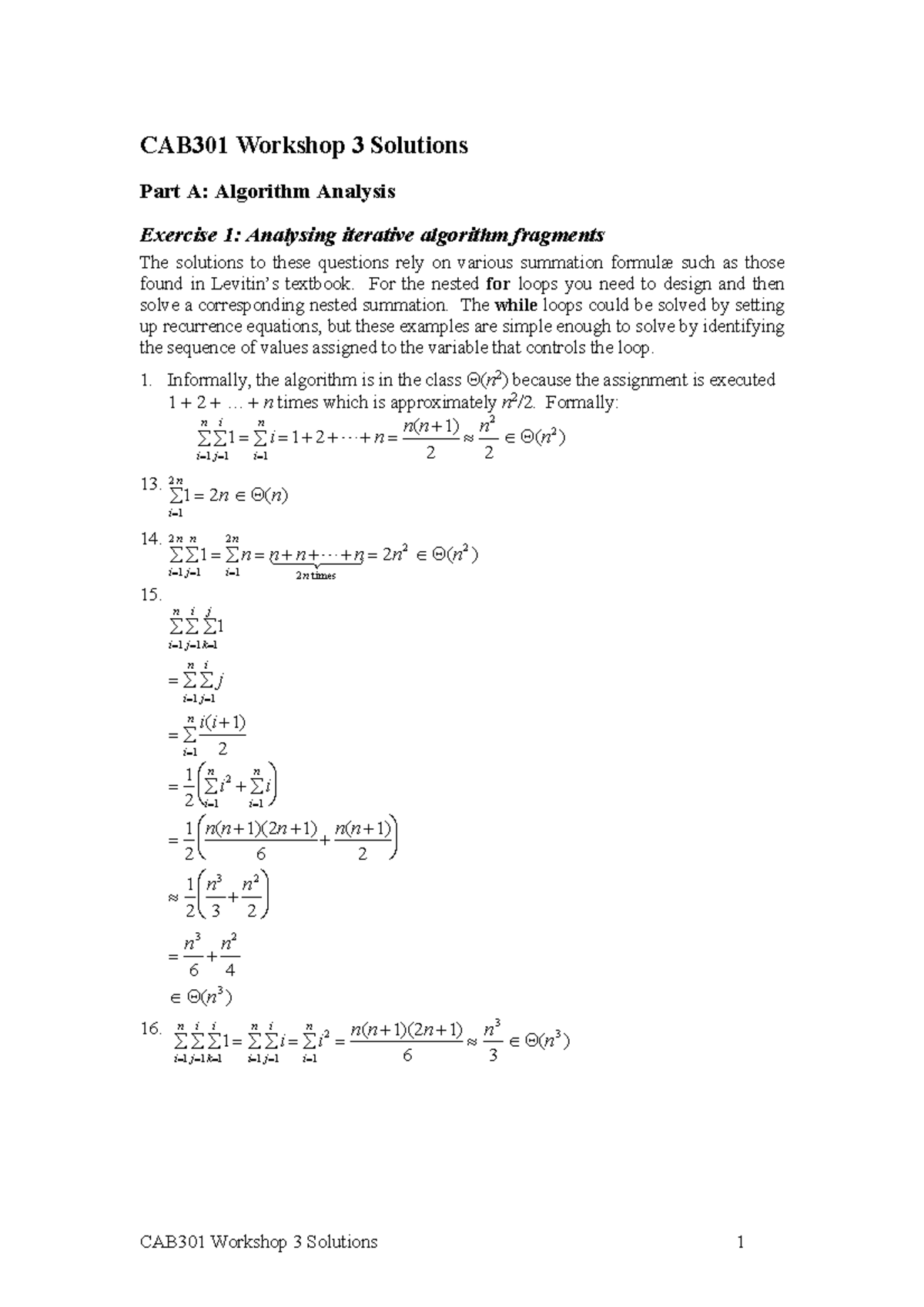 CAB301-Workshop 3-Solutions - CAB301 Workshop 3 Solutions Part A: Algorithm Analysis Exercise 1 ...