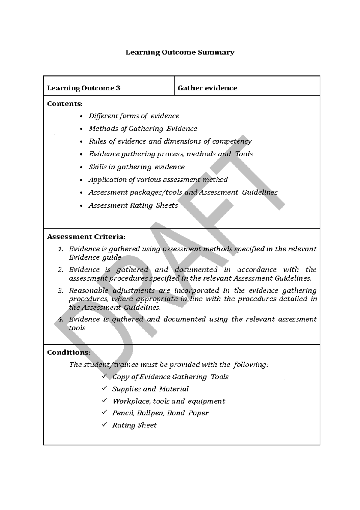 Learning Outcome Summary gather evidence - Learning Outcome Summary ...