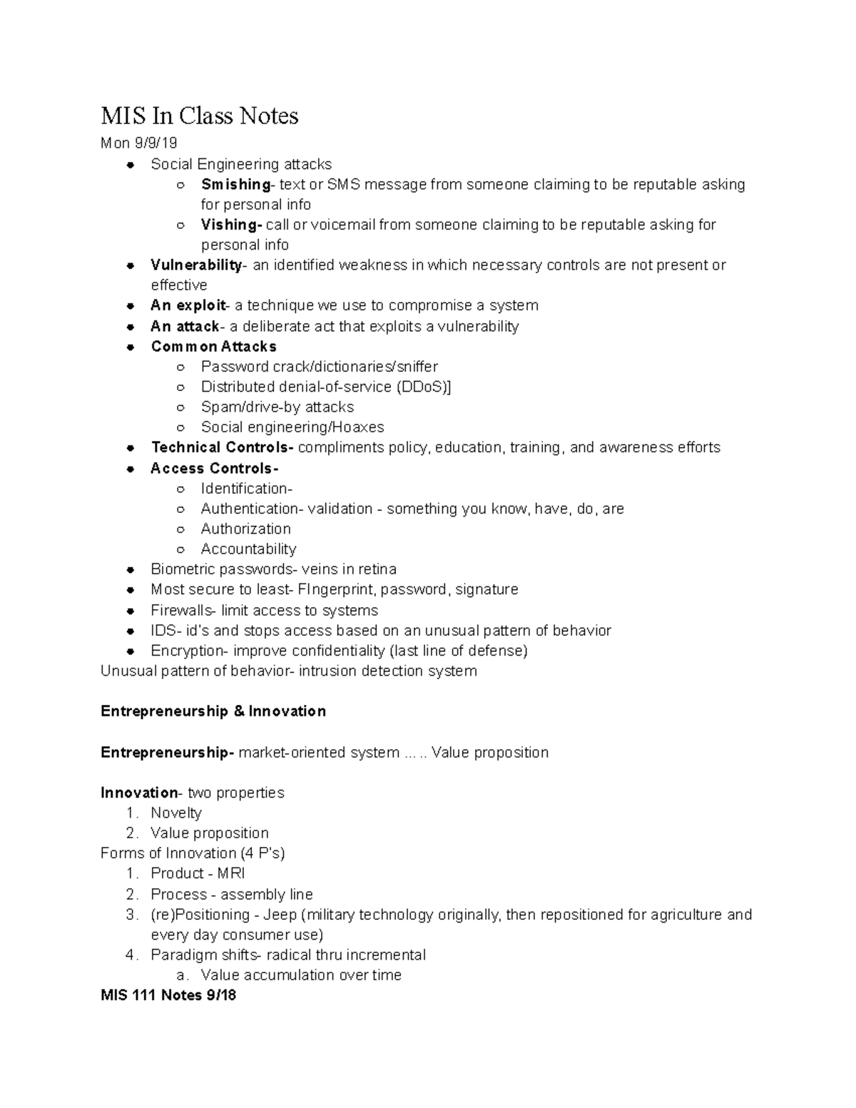 MIS 111 Notes September - MIS In Class Notes Mon 9/9/ Social ...